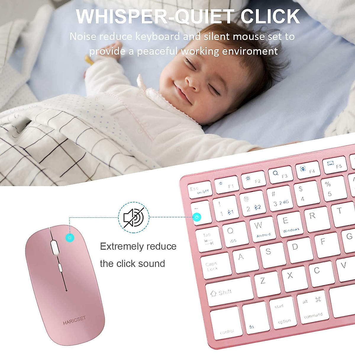 Wireless Keyboard Mouse Combo, Haricset Rechargeable Full-Size Silent Slim Dual-Mode(BT3.0+BT5.0+2.4G) Multi-Device Bluetooth Keyboard Set, 3 Level DPI Mouse,for Windows/Android/Mac OS/iOS (Rose Gold)