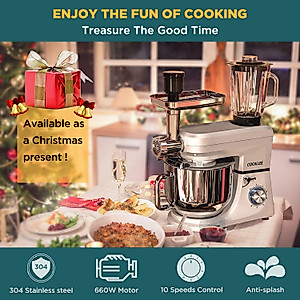 COOKLEE 6-IN-1 Stand Mixer, 8.5 Qt. Multifunctional Electric Kitchen Mixer with Beater, Whisk, Dough Hook, Meat Grinder and Other Accessories for Most Home Cooks, SM-1507BM, Silvery