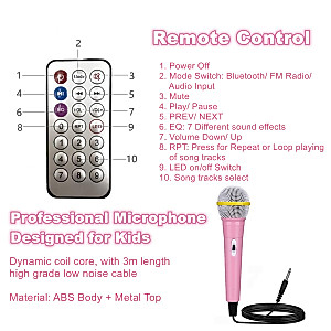 IndeCool Kids Bluetooth Karaoke Machine with 2 Microphones, Rechargeable Remote Control Wireless Karaoke Speaker Portable Karaoke Machine Music MP3 Player for Kids Adult Party Gift (Pink)