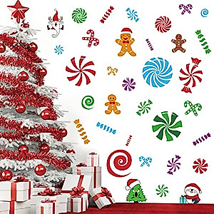 KIMOBER 33PCS Christmas Peppermint Floor Decals,Christmas Candy Santa Claus Gingerbread Wall Stickers for Xmas Party Decoration