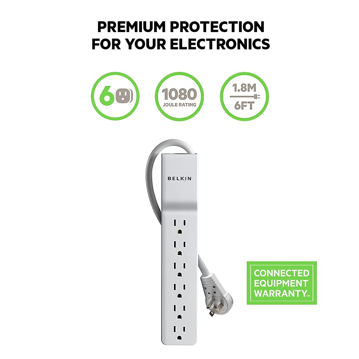 Belkin 6-Outlet Power Strip Surge Protector w/Flat Rotating Plug, 6ft Cord – Ideal for Personal Electronics, Small Appliances and More (1080 Joules), White, 6' - 6 Pack