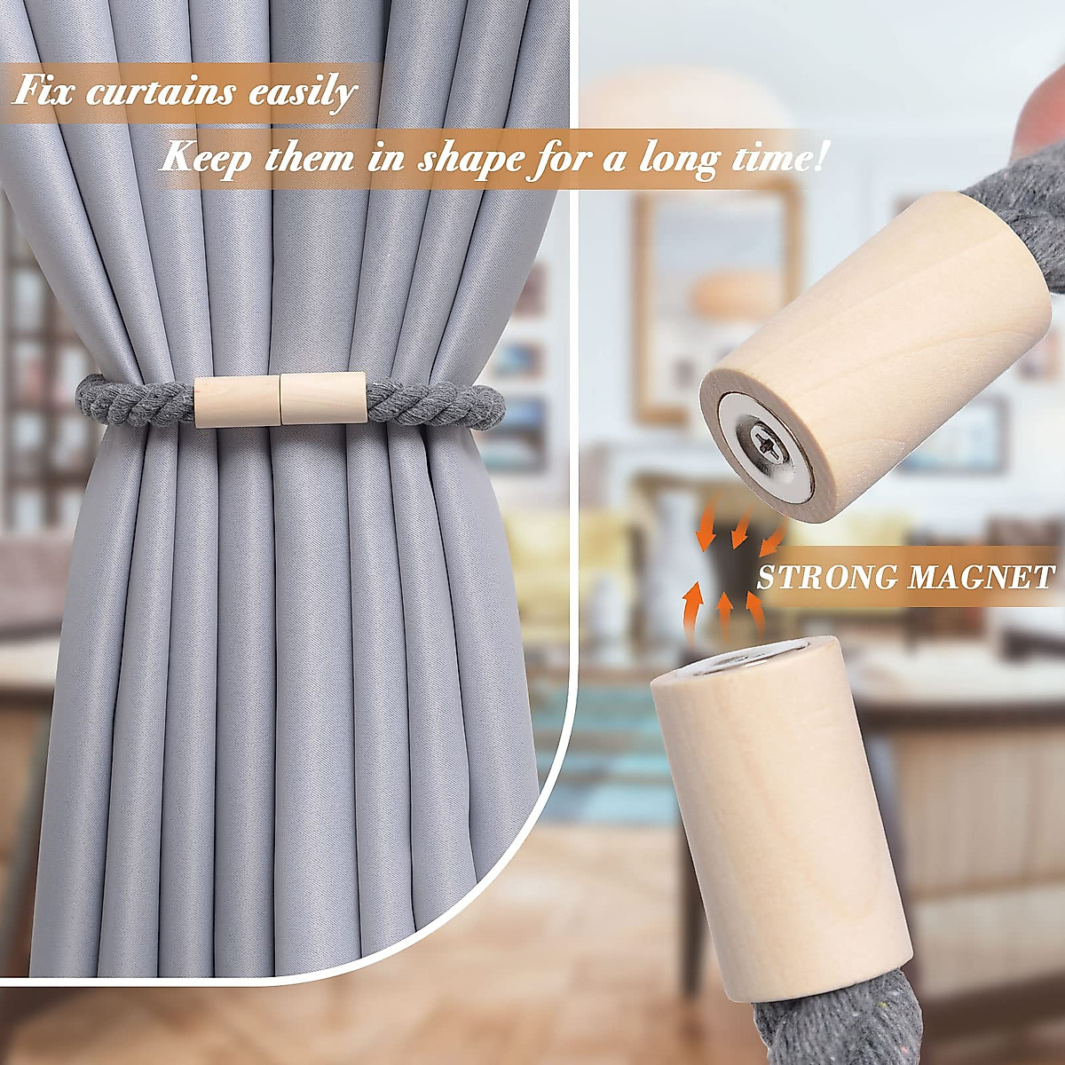 NICEEC 2 Pack Wooden Magnetic Curtain Tiebacks Boho Home Decoration Drape Tie Backs Natural Cotton Handmade Rope Curtain Holdbacks for Thin or Thick Home & Office Window Drapery (Grey)