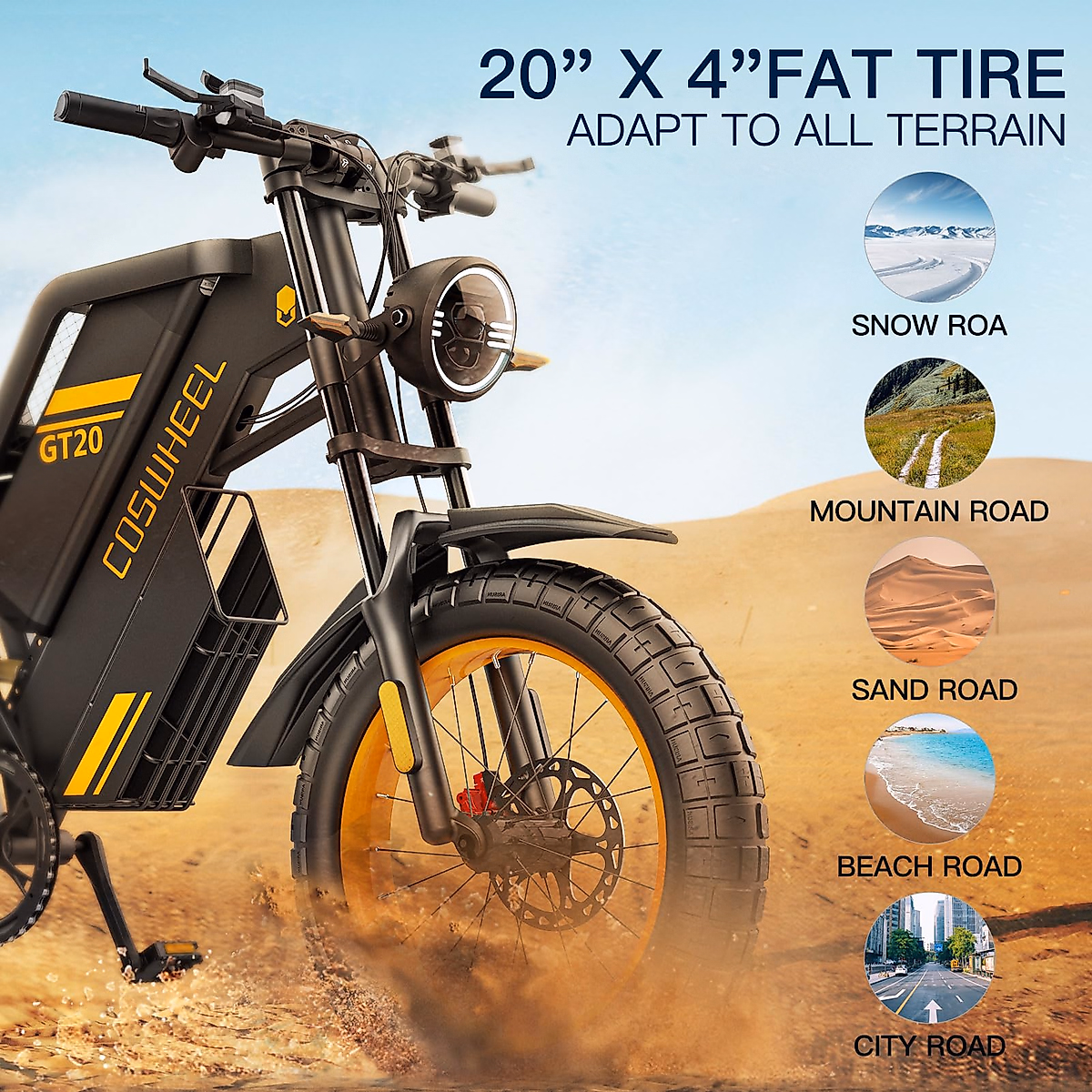 COSWHEEL GT20 Electric Bike for Adults, Electric Dirt Bike with 1500W Motor 48V/25Ah Removable Battery, Up to 31MPH Electric Motorcycle, Shimano 7-Speed, 20" x 4.0 Fat Tires Electric Mountain Bike