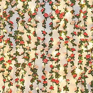 BLEUM CADE 2 Pcs 16.4Ft Flower Garland Artificial Rose Vines with 16.4Ft String Lights, Fake Flower Vines Garland Decorations for Wedding Party Valentines Day Christmas Wall Room Decor Aesthetic