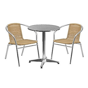 Flash Furniture Lila 23.5'' Round Aluminum Indoor-Outdoor Table Set with 2 Beige Rattan Chairs