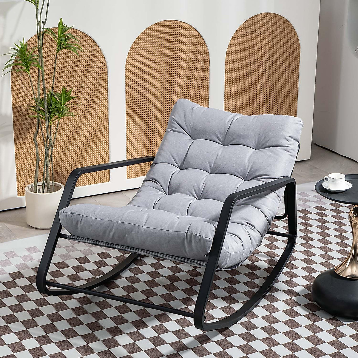 WQSLHX Oversized Patio Rocking Chair with Cushion, Indoor Metal Lounge Rocker Chair, Outdoor Lazy Chair for Front Porch, Garden, Backyard, Lawn, Gray