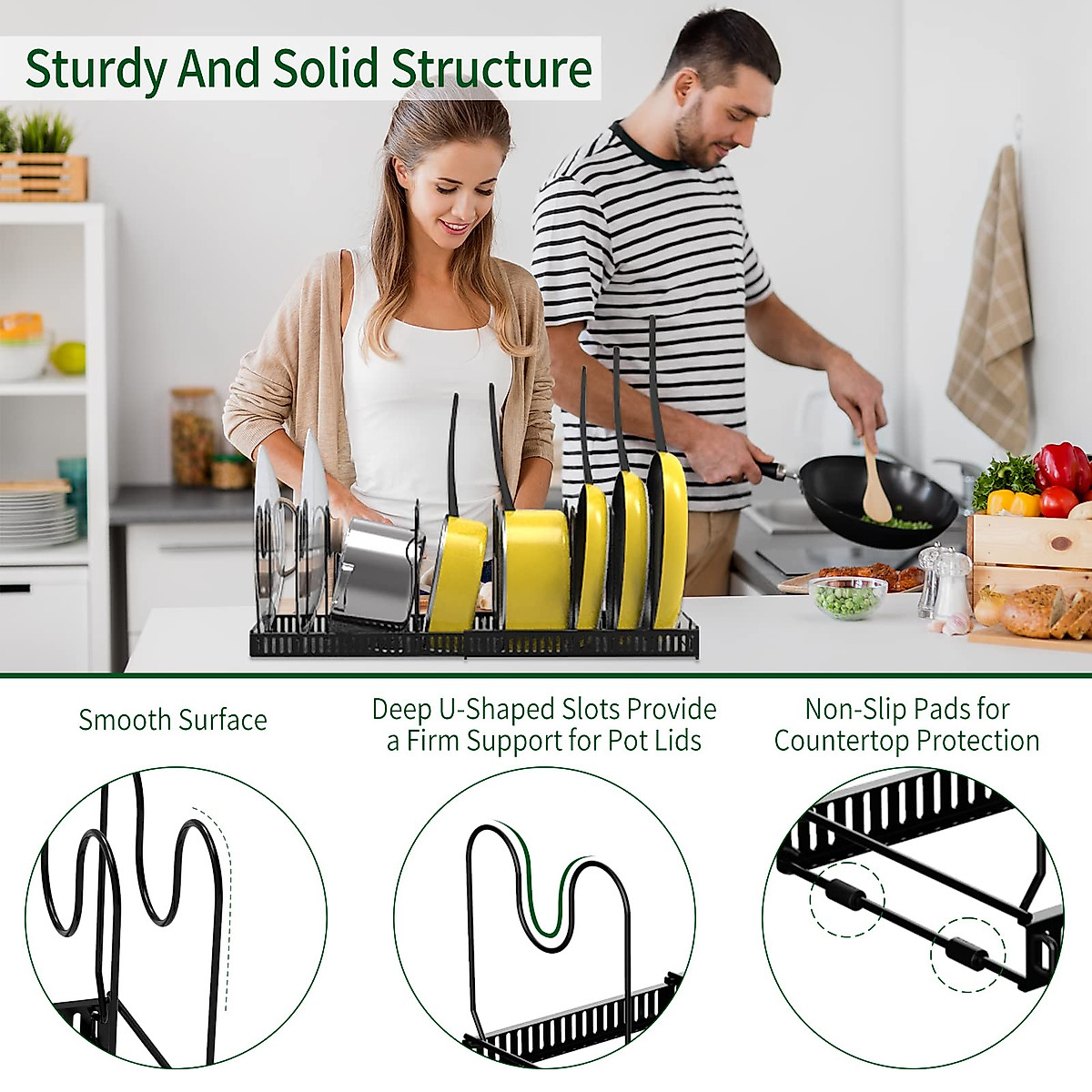 BesChase Pots and Pans Organizer, Expandable Pot Rack with 12 Adjustable Dividers, Pot Pan Lid Organizer Holder for Cabinet Countertop Cupboard Kitchen Storage