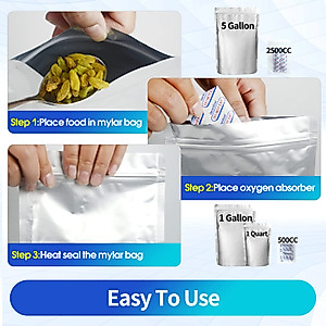 15 Mil 5 Gallon Mylar Bags for Food Storage with 2500cc Oxygen Absorbers - 55 Pack Mylar Bags 5 Gallon,1 Gallon,1 Quart 3 Size, 100 Pcs Labels and 500cc Oxygen Absorbers for Long Term Food Storage