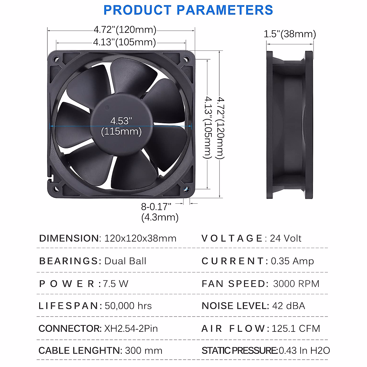 GDSTIME Dual Ball Bearings 1238 Cooling Fan, 120mm x 38mm 24V DC 125CFM Brushless Cooler Fan