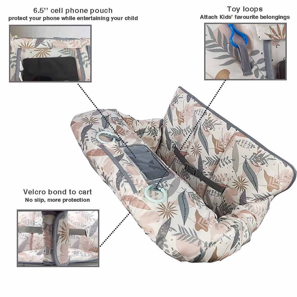 Shopping Cart Cover for Baby, 2 in 1 High Chair Cover for Restaurant seat & Grocery Cart Cover for Babies, Thick Padded with Clear Phone Pouch, Machine Washable, Leaves