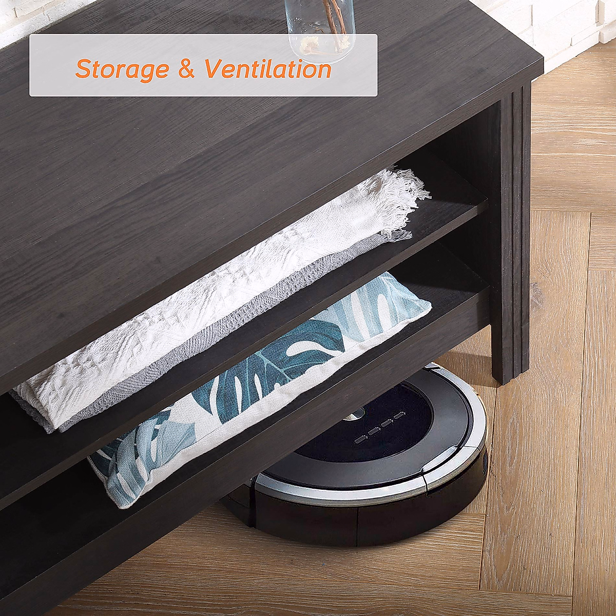 WAMapat LED TV Stand for 75 Inch TV, Modern Entertainment Center Console Table with Blue LED Light & 6 Cubbies, Living Room, Bedroom, Office, Black