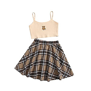 WDIRARA Girl's 2 Piece Cute Outfits Cartoon Print Cami Top and Plaid Skirt Set Multicolored 11-12Y
