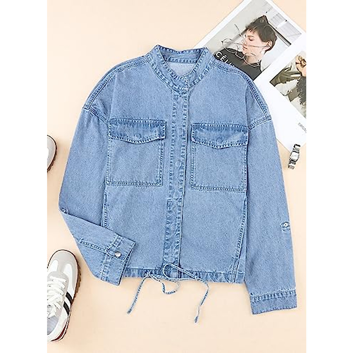 Dokotoo Jean Jackets for Women Cropped Jackets Fashion Spring Fall 2023 Casual Long Sleeve Utility Cargo Denim Jacket Button Down Trucker Shacket Jackets Coat with Pockets Sky Blue Medium