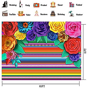 Mexican Theme Party Striped Backdrop Fiesta Cinco De Mayo Paper Flowers Background Party Decoration for Cake Table Decor Photo Booth 10X8FT 071