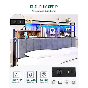 Hzuaneri Headboard with 3-Tier Storage Shelves, Upholstered Head Board with 2 Outlets, USB Ports & LED Light, Soft Backrest for King Size Bed Rustic Brown and Black BH19401B