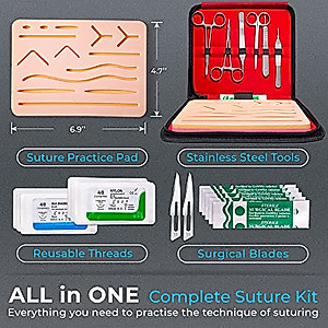 Complete Sterile Suture Practice Kit for First Aid Field Emergency and Medical Students Training - Including Large Silicone Suture Pad and Sterilized Suture Tools Threads and Needles