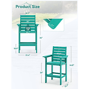 Homenjoy Tall Adirondack Chair Set of 2, HDPE Weather Resistant Patio Bar Stools, Heavy Duty Bar Height Adirondack Chairs with Footrest, 26 inch High Balcony Chair for Deck Pool, Blue Turquoise