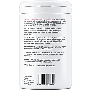 SensoVet Wrinkles, Skin & Paw Grooming Wipes for Dogs - Natural Aloe Vera & Oatmeal (60 Large Wipes)