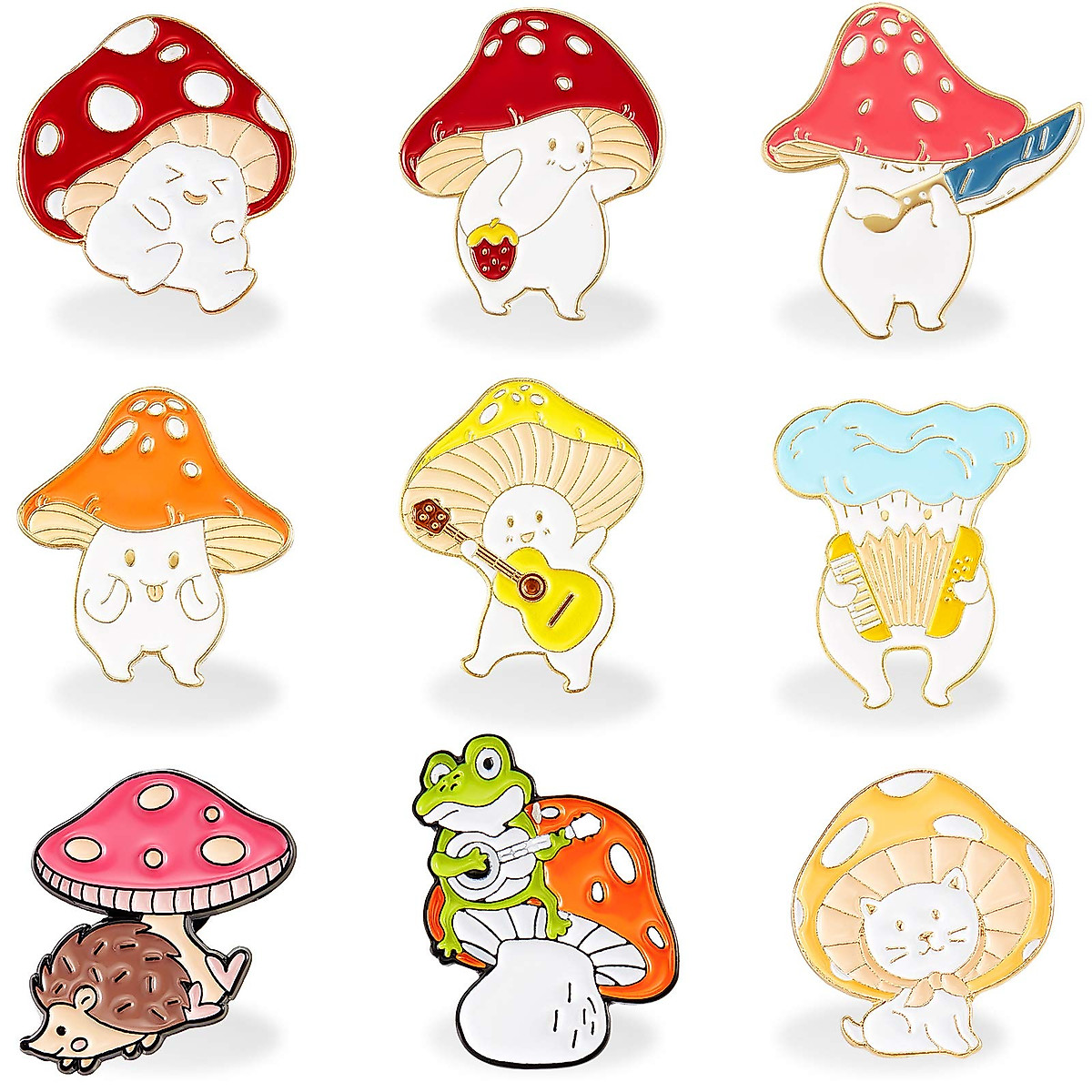 9 Pieces Mushroom Pin Brooches Mushroom Brooches Cute Cartoon Mushroom Gift Alloy Brooch Guitar Cat Frog Hedgehog Cartoon Plant Pin Welcome Back to School Gift for Backpack Clothes Hat