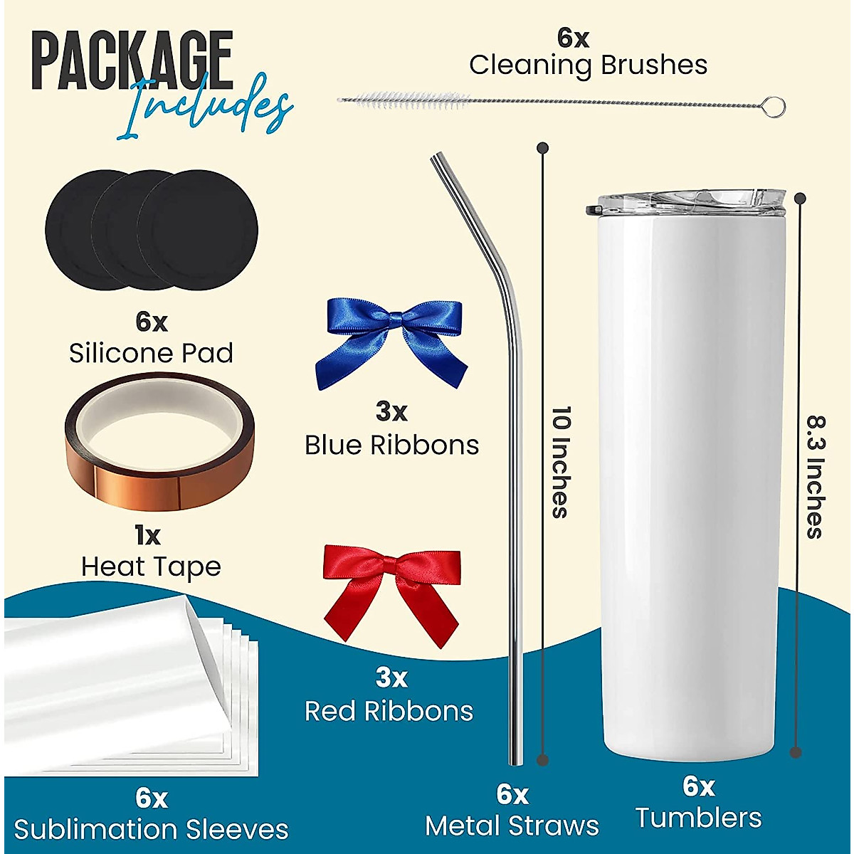The Brandster Sublimation Tumblers 20 OZ Skinny Bulk, Double-Walled Stainless Steel Sublimation Blanks Tumblers, with Lid, Straw, Heat Tape, Shrink Wrap, Gift Boxed to Personalize & Gift