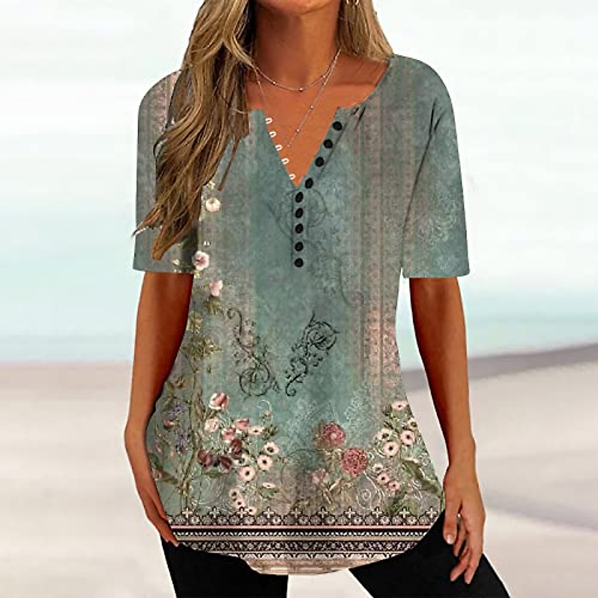 SMIDOW Womens Tunic Tops to Wear with Leggings Summer Henley v Neck Short Sleeve Shirts Western Floral Print Loose Blouse