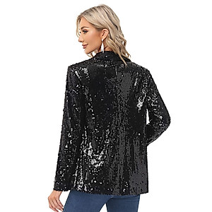Women Long Sleeve Sequin Blazer Casual Open Front Sparkly Jackets for Party with Pockets Black S