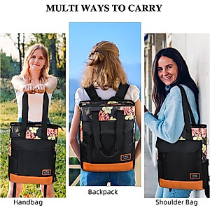 LOKASS Convertible Backpack Tote Bag丨 Slim Work Daypack For Women丨Commuter Laptop Backpacks School 丨Tote Bags For School/College/Travel 丨Fits 15.6 Inch Laptop, Black with Peony