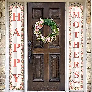 Happy Mother's Day Porch Banner I Love Mom Pink Rose Floral Holiday Party Front Door Sign Wall Hanging Banner Decoration