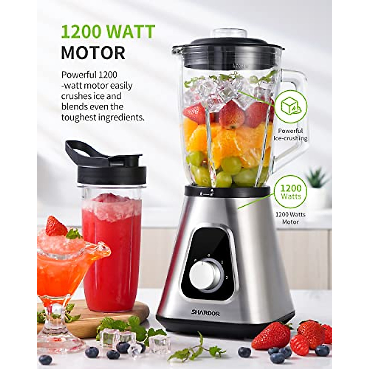 SHARDOR Countertop Blender 2.0 for Shake and Smoothies with 1200W, with 52oz Glass Jar, 3 Adjustable Speed Control + 22oz Travel Cup for Frozen Fruit Drinks, Smoothies, Sauces & More, Sliver