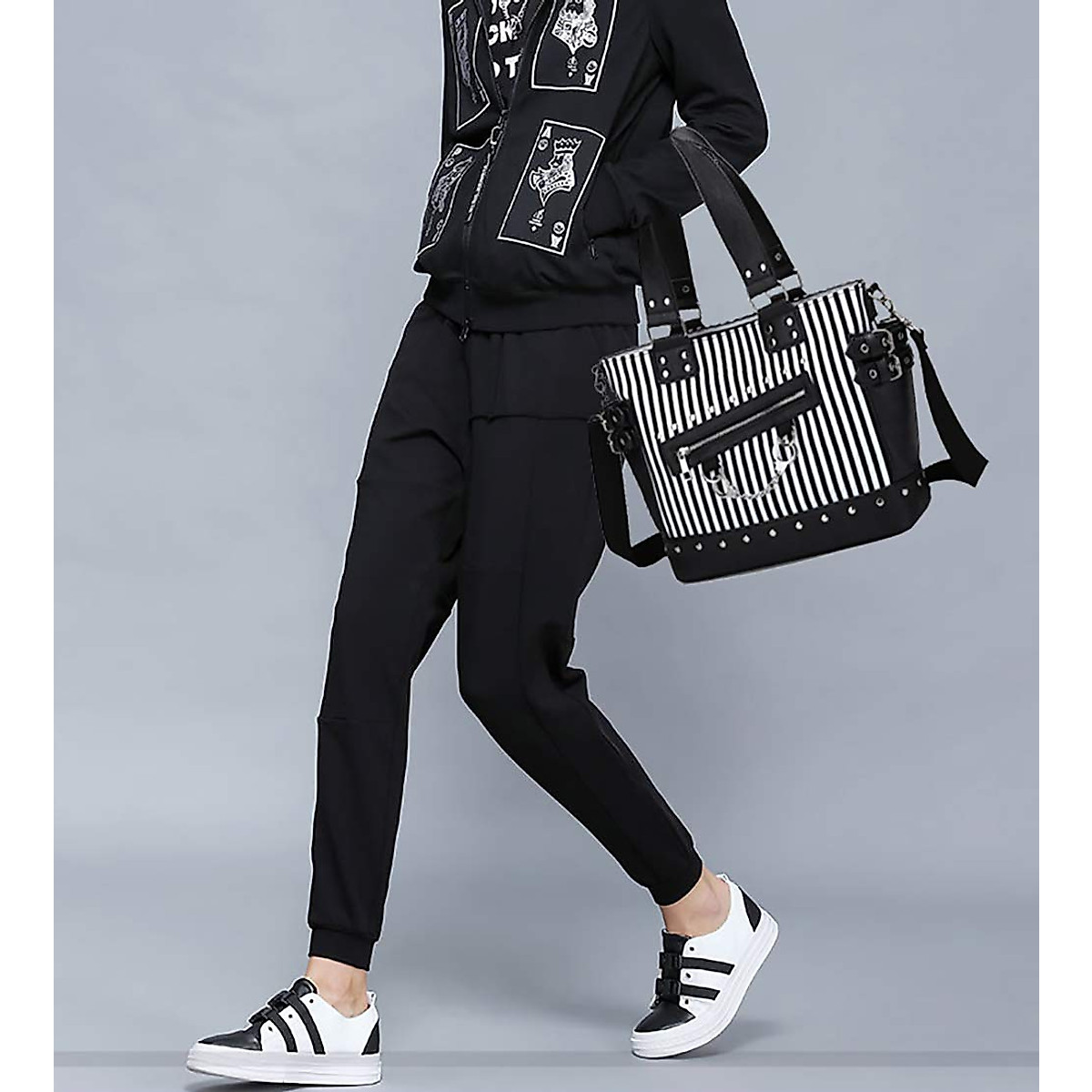 Women Fashion Rivet Handbag Purse Luminous Canvas Punk Tote with Shoulder Strap Crossbody Bag Large Capacity Black (Striped-Luminous)