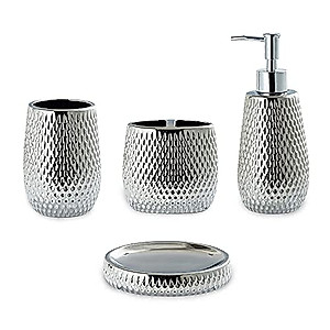 BASDHE Bathroom Accessories Set 5 Piece Bath Ensemble Includes Trash Can,Toothbrush Holder,Toothbrush Cup,Soap Dispenser,Soap Dish for Decorative Countertop and Housewarming Gift, Grey
