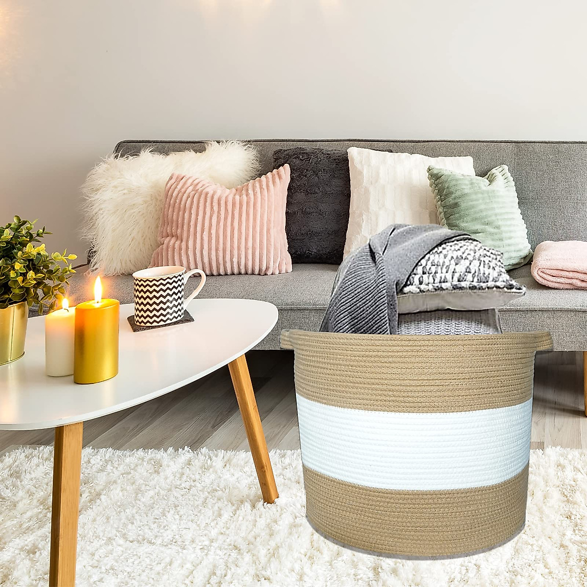 QDSTCKJ Extra Large Blanket Basket Living Room, Brown-white Laundry Basket,16”x 20.3”,Large Cotton Rope Basket for Storage