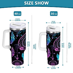 FLildon 40oz Tumbler with Handle and Straw Lid, Purple Dream Catcher Insulated Coffee Mug Stainless Steel Water Bottle Leakproof Vacuum Travel Coffee Cup