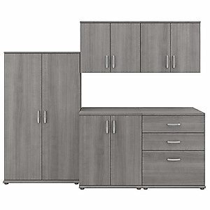 Bush Business Furniture Universal 5 Piece Modular Garage Storage Set with Floor and Wall Cabinets, Platinum Gray
