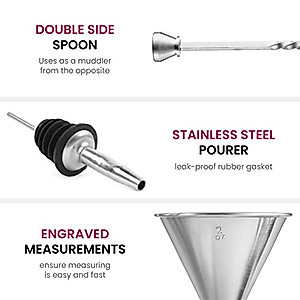 7-Piece Cocktail Shaker Set - Bar Tools - Stainless Steel Cocktail Shaker Set Bartender Kit, with All Bar Accessories, Cocktail Strainer, Double Jigger, Bar Spoon, Bottle Opener, Pour Spouts