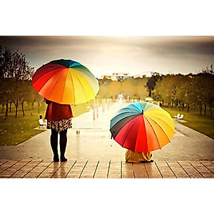 meizhouer 24k Rib Large Color Rainbow Umbrella Fashion Long Handle Straight Anti-UV Sun/Rain Stick Umbrella (automatically opened)