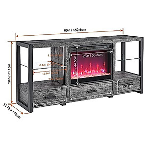 TopCity 60" Fireplace TV Stand for Up to 70" TV Farmhouse Entertainment Center with 24" Electric Fireplace Media Console Cabinet with LED Light for Living Room (Gray)