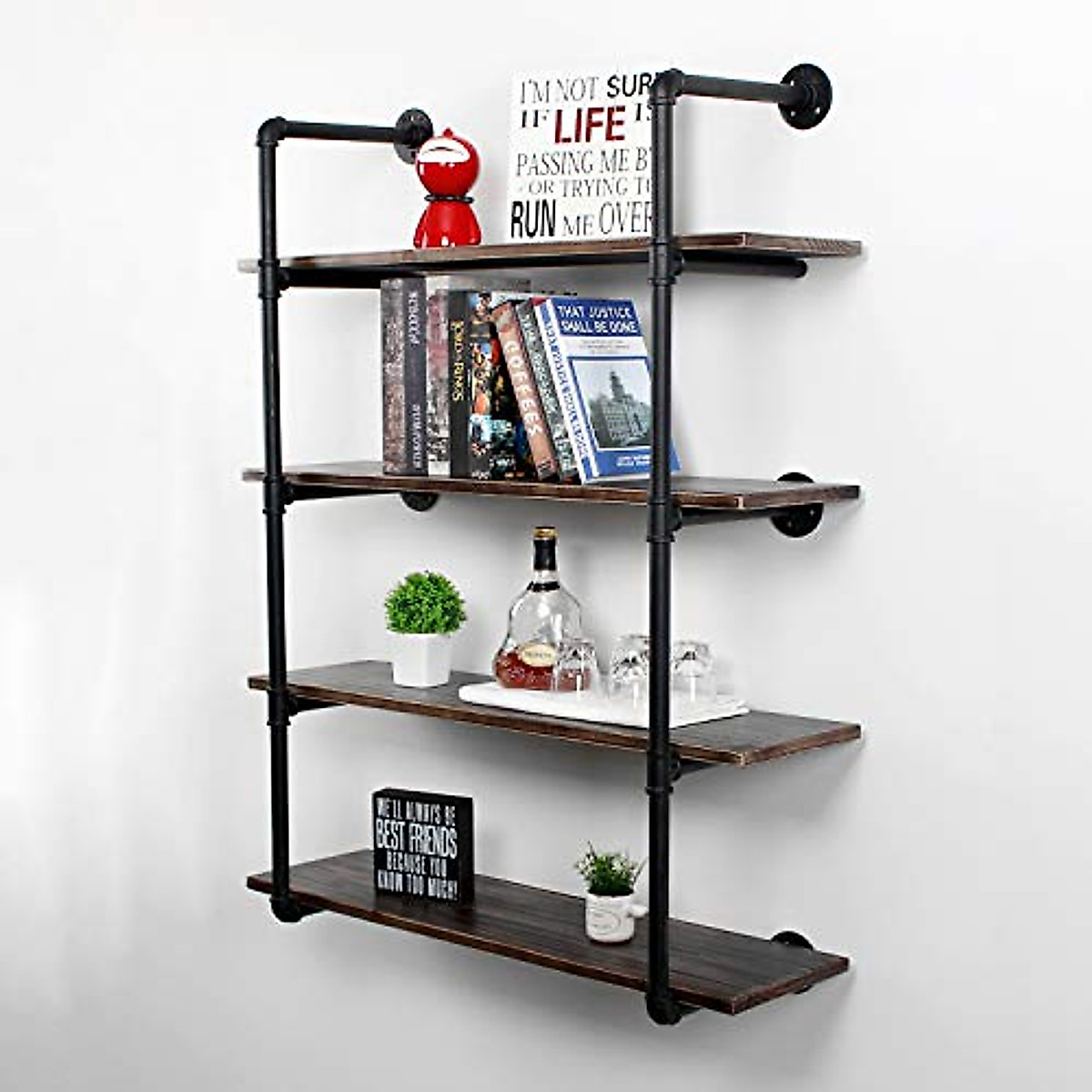 Weven 36" Industrial Pipe Bookshelf Wall Mounted,4 Tier Rustic Floating Shelves,Farmhouse Kitchen Bar Shelving,Home Decor Book Shelves,DIY Bookcase,Hanging Wall Shelves,Black