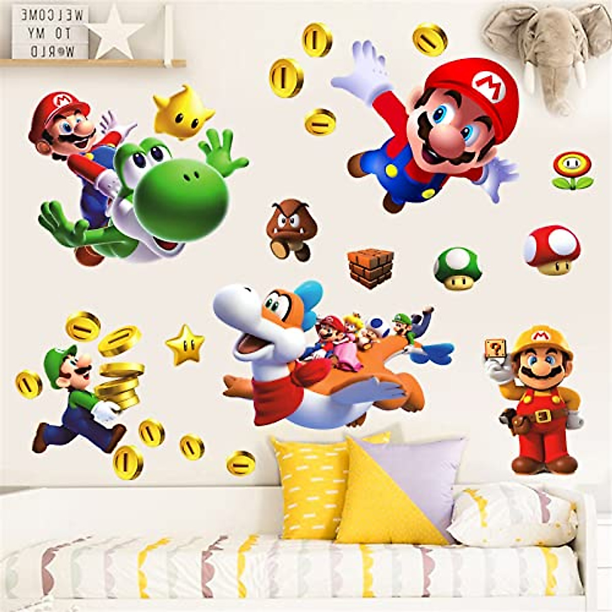 Mario Wall Decals Background Wall Stickers Peel and Stick Wall Art Decor for Kids Boys Girls Bedroom Nursery Living Room and Door