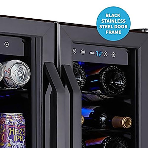 NewAir 24” Wine and Beverage Refrigerator and Cooler, 18 Bottle and 60 Can Capacity, Built-in Dual Zone Fridge in Black Stainless Steel with French Doors