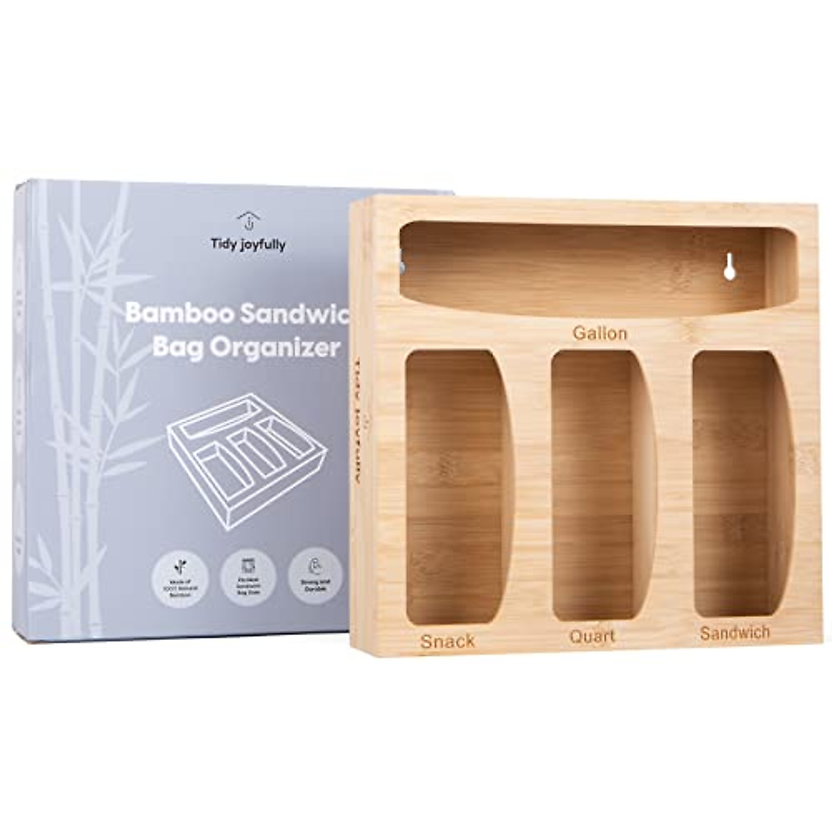 Bamboo Ziplock Bag Storage Organizer for Drawer and Wall-Mount; Gallon, Quart, Sandwich and Snack Plastic Bag Organizer; 4 Compartment Kitchen Drawer Organization and Storage for Baggies