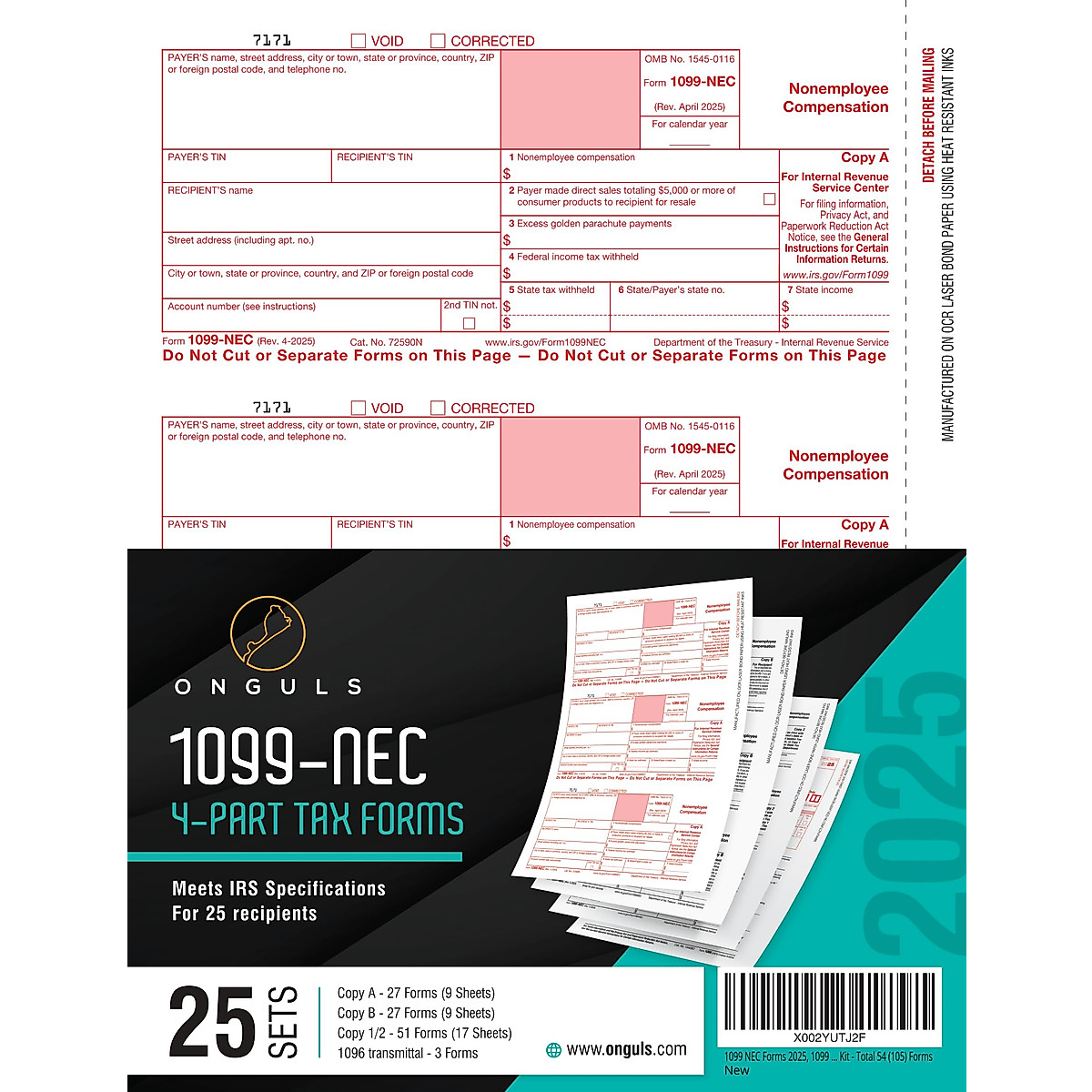 1099 NEC Forms 2022, 1099 NEC Laser Forms IRS Approved Designed for QuickBooks and Accounting Software 2022, 4 Part Tax Forms Kit, 25 Vendor Kit – Total 38 (108) Forms
