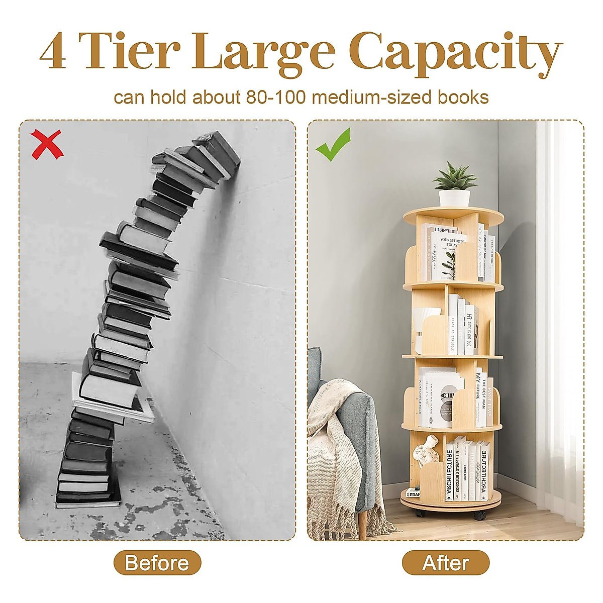 tonchean 4 Tier Rotating Bookshelf Tower,Wood Revolving Bookcase with Wheels Vertical Kids Toddler Bookshelf with Storage,Corner Display Bookshelf Rack for Library Study Office Living Room