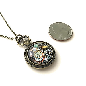 Steampunk Necklace | Colorful Gear Image Cabochon Pocket Watch Pendant Setting - Handmade Jewelry