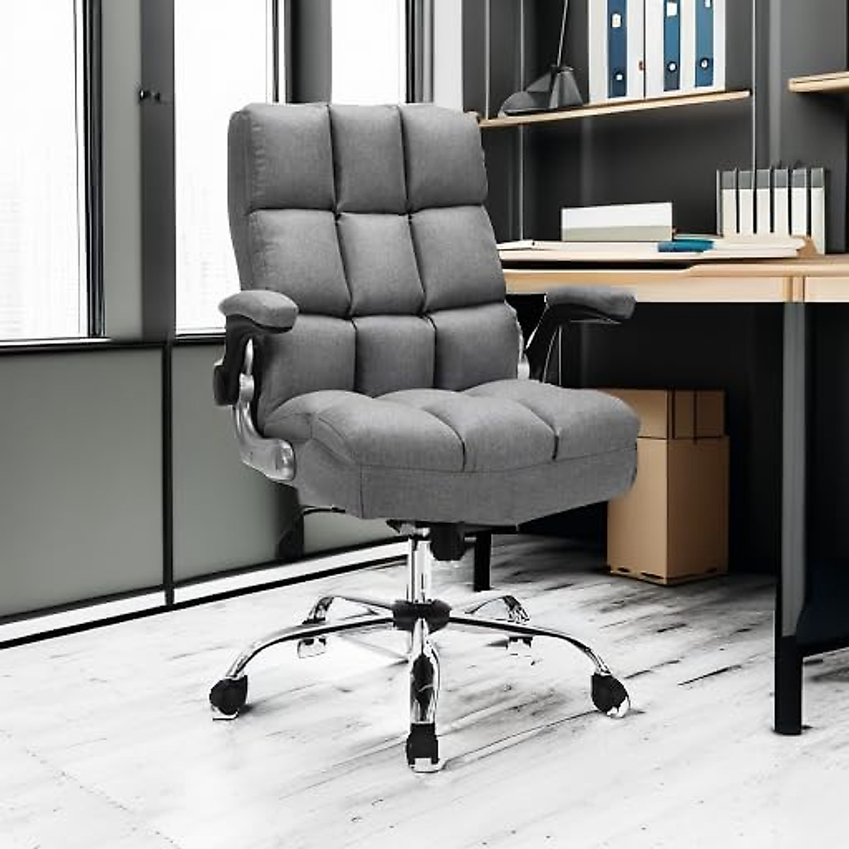 Giantex Executive Office Chair, Big and Tall Ergonomic Computer Chair, Adjustable Tilt Angle and Flip-up Armrest Linen Fabric Upholstered Chair with Thick Padding, High Back Managerial Chair (Grey)