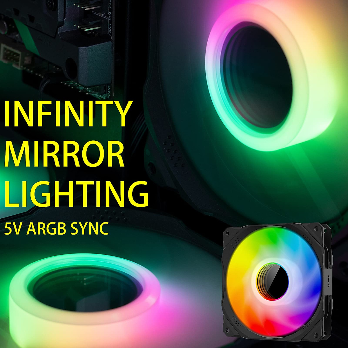 novonest 120mm PC Case Fan,5V 3PIN Addressable RGB Silent Fan,PWM 4PIN Adjustable Fan Group,High Performance Rotating Infinity Mirror Fan, with Fan Hub,UA0107(3-Pack)