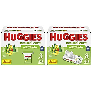 Baby Wipes Bundle: Huggies Natural Care Sensitive Baby Wipes, Unscented, 8 Flip-Top Packs (448 Wipes Total) and 3 Refill Packs (528 Wipes Total)