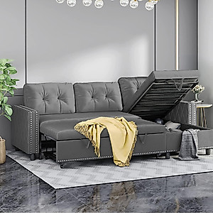 Mjkone 3 Seat L-Shape Sectional Sofa Couch with Pull Out Bed and Reversible Storage Chaise, Modern 83 Inch Sleeper Sofa with Breathable Velvet Fabric and Nailhead Trim for Living Room, Dark Gray
