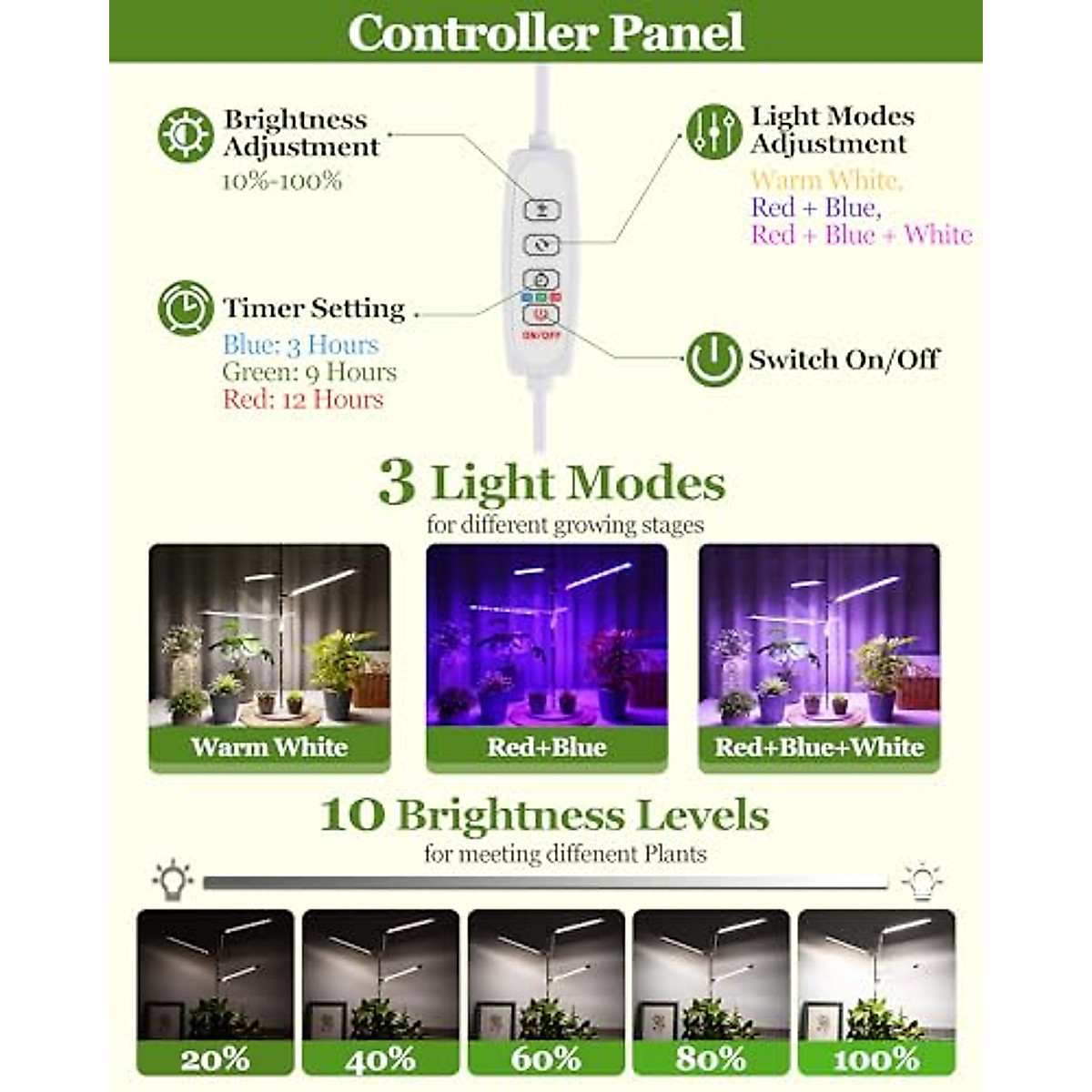 HAARAY Plant Grow Lights for Indoor Plants Full Spectrum, 3-Head LED Plant Growing Lamps with Height Adjustable and Rotatable Stand, 10 Dimmable Level, 3/9/12H Timer, 3 Switch Modes