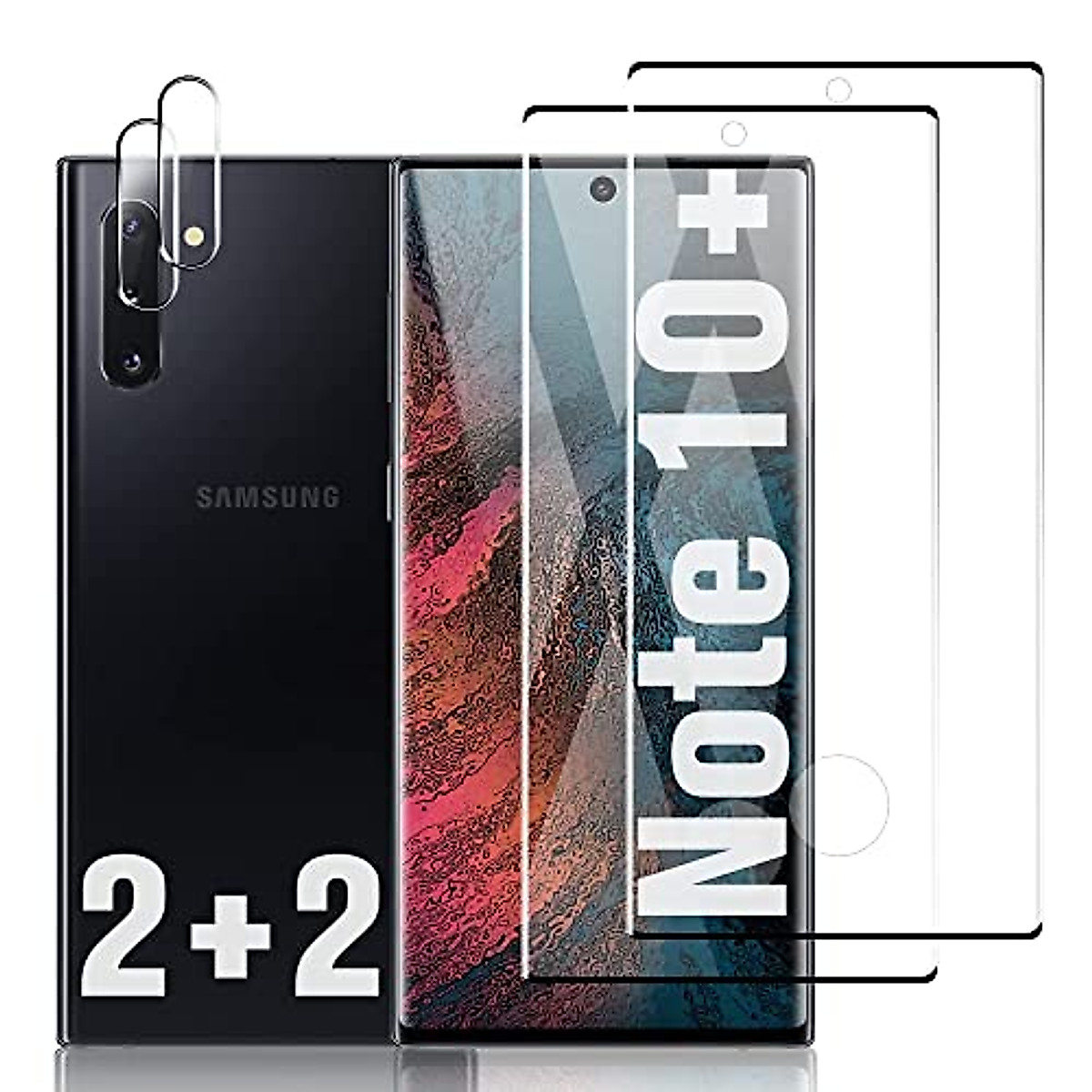 [2+2 Pack] Galaxy Note 10 Plus Screen Camera Protector, 9H Tempered Glass Scratch Resistant, Ultrasonic Fingerprint Support, 3D HD Curved, For Samsung Galaxy Note 10+ 6.8 Inch Glass Screen Protector